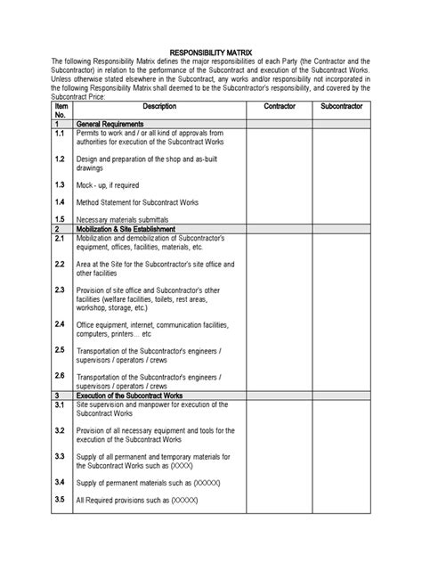 Responsibility Matrix Pdf Subcontractor Responsibility Matrix Pdf Subcontractor