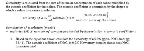 Osmolarity Is Calculated From The Sum Of The Molar Oncentration Of Each