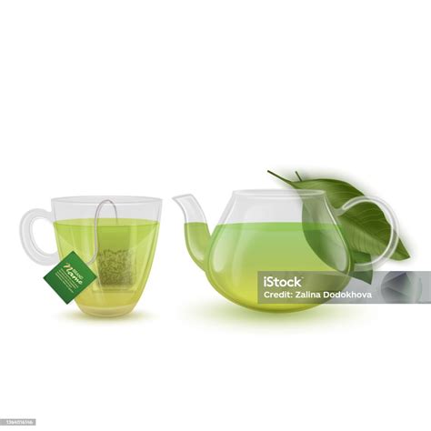 흰색 배경에 고립 된 내부 녹차와 티 백 접시와 접시와 유리 컵 뜨거운 녹차 벡터 형식 0명에 대한 스톡 벡터 아트 및 기타 이미지 0명 가득 찬 갈색 Istock