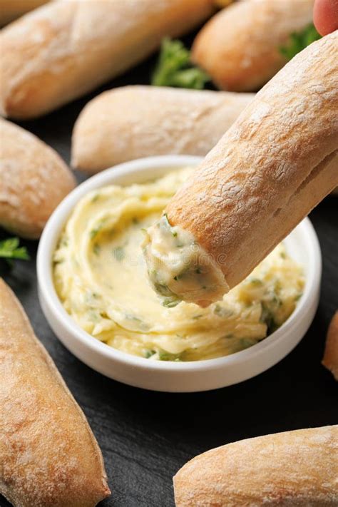 Stone Baked Ciabatta Bread Sticks With Creamy Garlic Butter Dip Stock