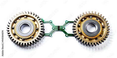 Interconnected Gears With Digital Circuits On An Isolated White Background Concept As Two