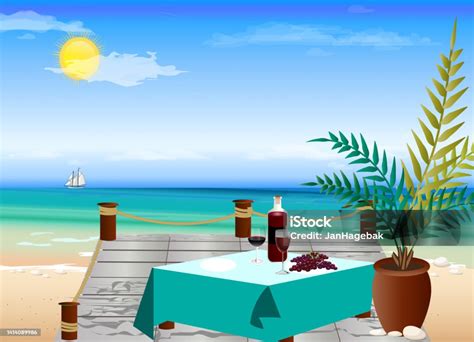부두에 와인이있는 적포도주 병과 잔이있는 테이블과 배경의 바다 풍경 여름 시간 휴식 낭만적 인 관광 벡터 일러스트 레이 션 0명에 대한 스톡 벡터 아트 및 기타 이미지