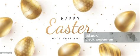 사실적인 빛나는 황금 달걀 일러스트 벡터 부활절 단어와 함께 흰색 배경에 패턴 휴일 부활절 사냥 인사말 카드 배너를 위한 다른 금속 황금 달걀의 3d 만화 스타일 디자인