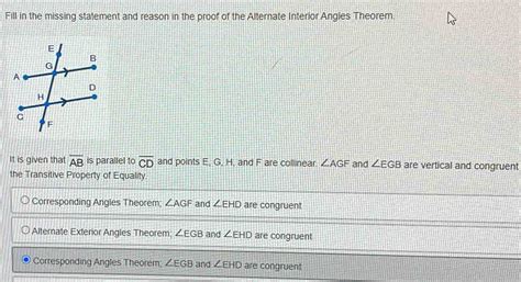 Fill In The Missing Statement And Reason In The Proof Of The Alternate Interior Angles The [math]