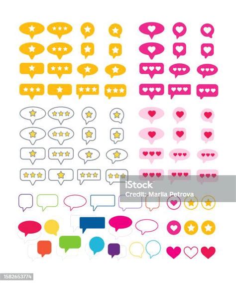 컬러 고객 리뷰 기호의 큰 컬렉션입니다 피드백 및 커뮤니케이션 버튼 하트 및 다양한 말풍선과 같은 별표 평가 긍정적이고 부정적인 의견과 채팅 말풍선 고객에 대한 스톡 벡터