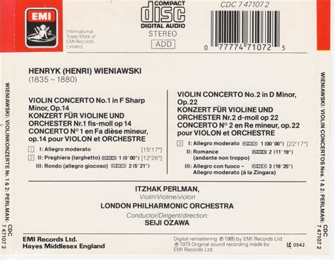 Wieniawski The Two Violin Concertos Itzhak Perlman Seije Ozawa Free Download Borrow And