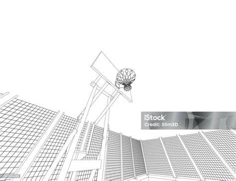 필드에 농구 후프의 윤곽 흰색 배경에 고립 된 검은 선의 그물 울타리 하단 뷰입니다 3d 벡터 일러스트레이션 3차원 형태에 대한 스톡 벡터 아트 및 기타 이미지 Istock