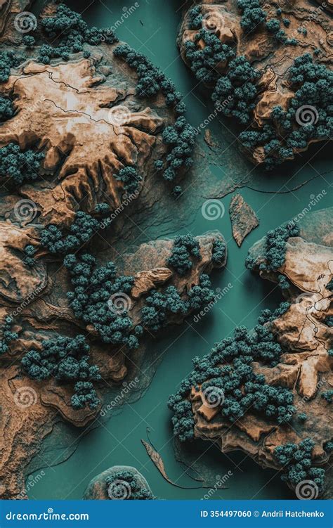 a gis visualization on a 3d terrain map with forest and river data