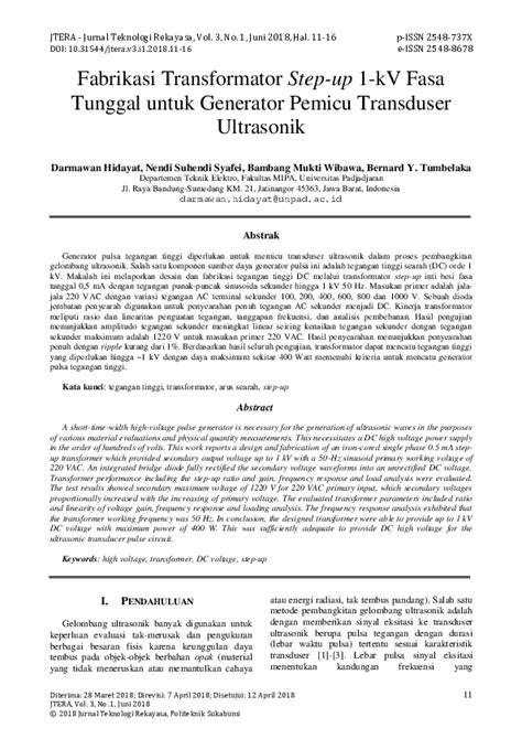 Pdf Fabrikasi Transformator Step Up 1 Kv Fasa Tunggal Untuk Generator Pemicu Transduser Ultrasonik