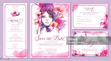 결혼식 초대 카드 템플릿수채화 아름 다운 여자와 분홍색 난초 꽃의 세트 꽃 식물에 대한 스톡 벡터 아트 및 기타 이미지 꽃 식물 분홍 청첩장 Istock