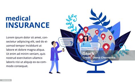 평면 스타일에 의료 보험 개념입니다 응급 처치를 해야 의사 태그와 남자 구체 온라인 의학 개념입니다 웹 배너에 대 한 벡터