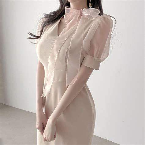 가나다란 청순하객💍셀프웨딩 가나다란 팅커벨 옆리본 브이넥 시스루 퍼프 롱원피스 3color