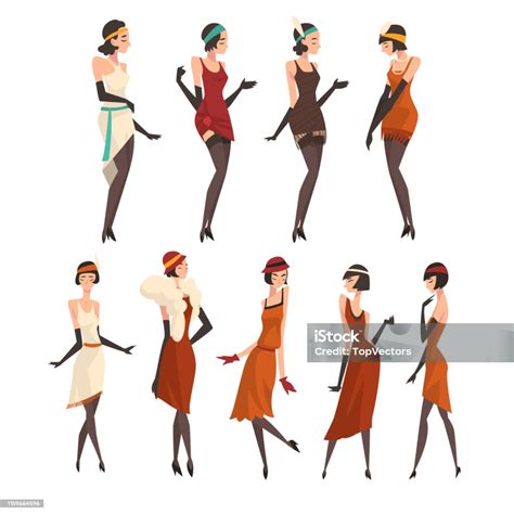 우아한 여성 복고풍 드레스 블랙 스타킹과 장갑 세트 1920 년대의 아름다운 플래퍼 소녀 아르 데코 스타일 벡터 일러스트 1920 1929 년에 대한 스톡 벡터 아트 및