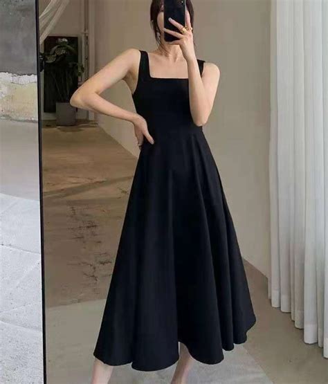 블랙 나시 심플 데일리 하이웨스트 기본 롱 원피스 드레스 J18