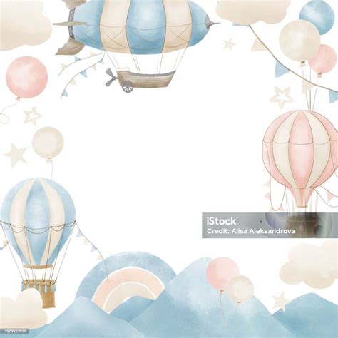 열기 풍선 구름 및 무지개가 있는 프레임에 대한 템플릿입니다 손으로 그린 수채화 그림은 파스텔 톤의 항공기로 인사말 카드나