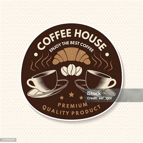 커피 하우스 패치 벡터 일러스트 레이 션 카페 및 레스토랑 로고 브랜드 레이블에 대한 개념 커피 콩 컵 크로와상이 있는 로고 마실 것에 대한 스톡 벡터 아트 및 기타 이미지