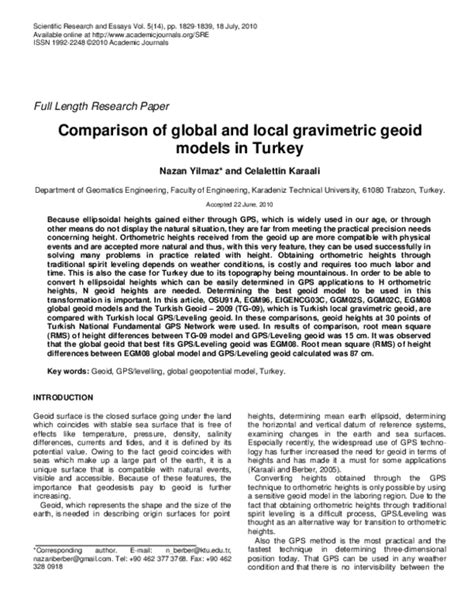 Pdf Comparison Of Global And Local Gravimetric Geoid Models In Turkey