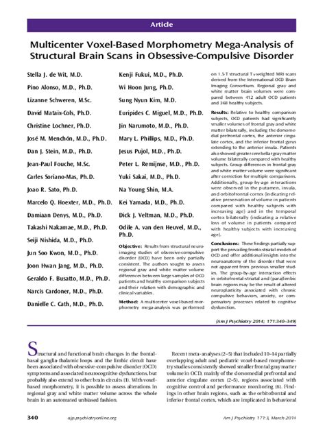 Pdf Multicenter Voxel Based Morphometry Mega Analysis Of Structural Brain Scans In Obsessive