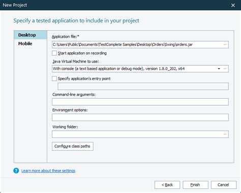 Create New Project Wizard Java Application Parameters Testcomplete