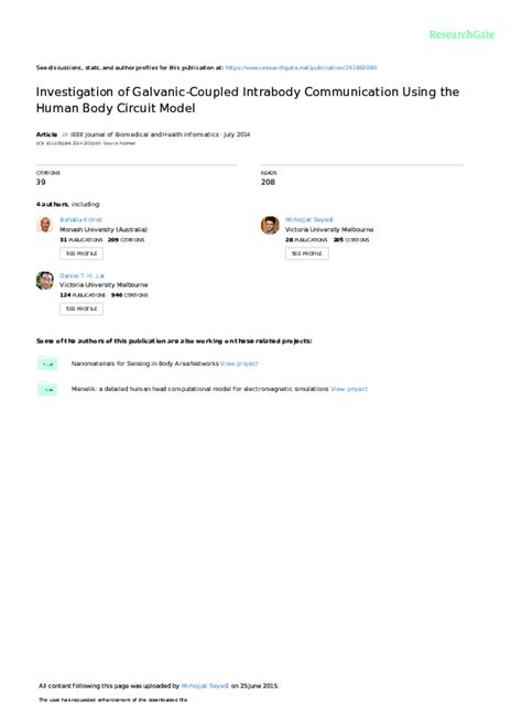 Pdf Investigation Of Galvanic Coupled Intrabody Communication Using The Human Body Circuit Model