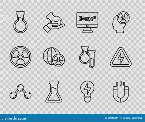 Set Line Molecule Magnet Equation Solution Test Tube And Flask Planet Earth Radiation Light