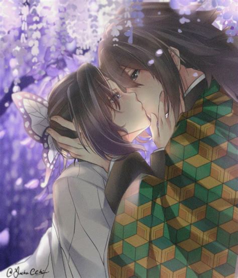 An Anime Character Is Hugging His Girlfriend In Front Of Purple And