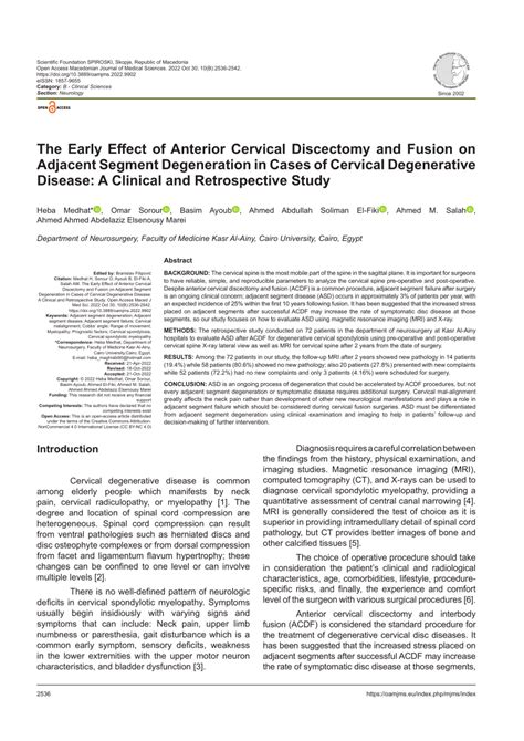 Pdf The Early Effect Of Anterior Cervical Discectomy And Fusion On