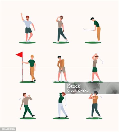 골프 선수 레크리에이션 건강 야외 스포츠 활동 골퍼 캐릭터 남성과 여성 화려한 벡터 플랫 인물 평면 스타일 사진 골프 선수에