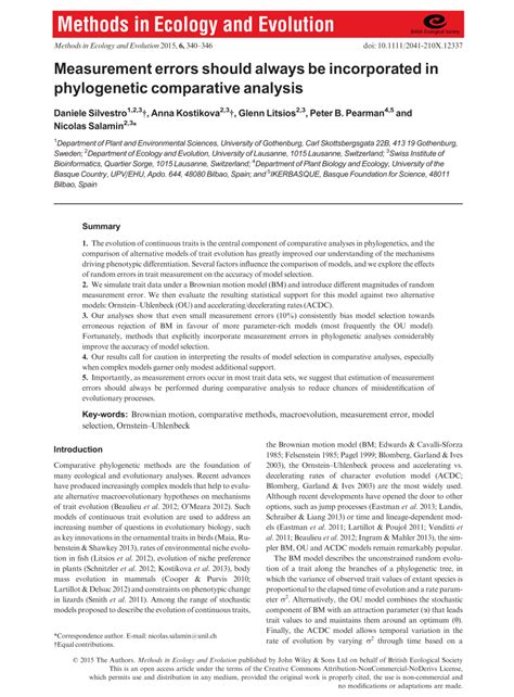 Pdf Measurement Errors Should Always Be Incorporated In Phylogenetic Comparative Analysis