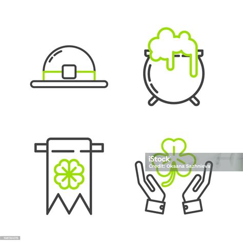 네 잎 클로버 4 파티 페넌트 마녀 가마솥 및 레프 러콘 모자 아이콘을 들고있는 인간의 손을 설정합니다 벡터 4가지 개체에 대한 스톡 벡터 아트 및 기타 이미지 Istock