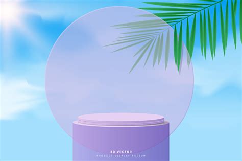 3d 푸른 하늘 구름과 태양 배경 보라색 3d 투명 유리 실린더 연단 받침대 또는 원형 유리 배경과 야자 코코넛 잎이 있는 제품 디스플레이 프레젠테이션 3d 기하학적 형태