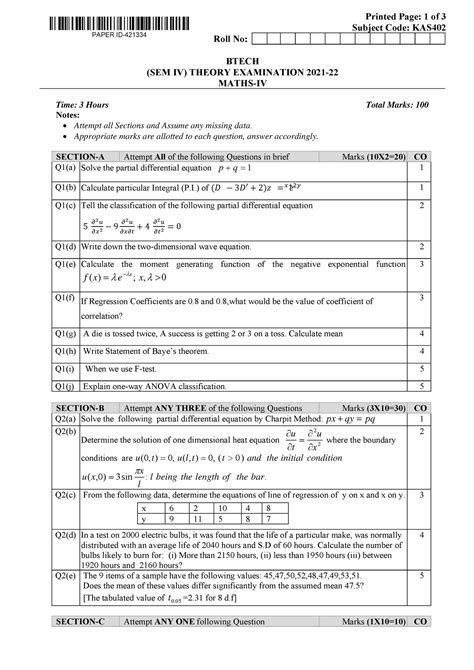 Btech As 4 Sem Maths 4 Kas402 2022 Printed Page 1 Of 3 Subject Code