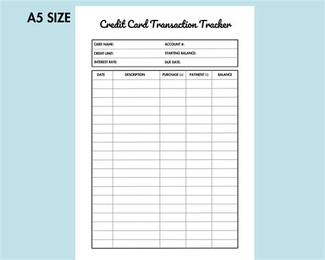 Credit Card Transaction Tracker Printable Debt Tracker Pdf Personal