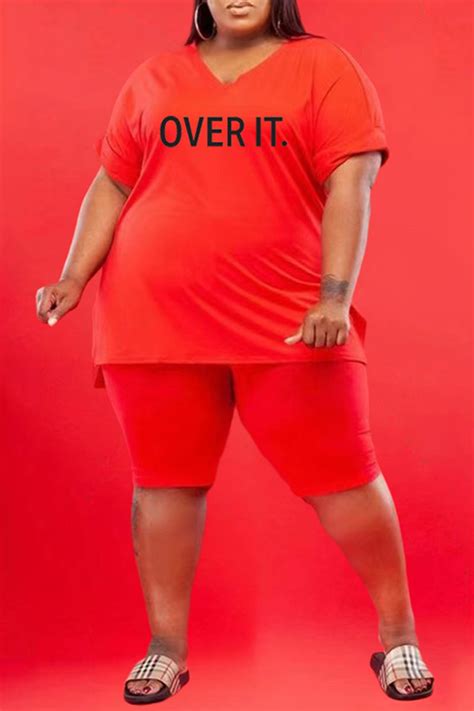 Wholesale Black Fashion Casual Letter Print Slit V Neck Plus Size Two Pieces K Online