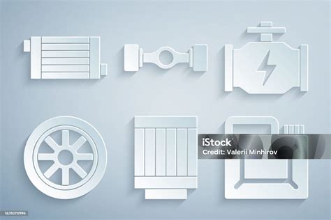 자동차 에어 필터 엔진 휠 엔진 오일 캐니스터 섀시 자동차 및 라디에이터 냉각 시스템 아이콘을 설정합니다 벡터 3차원 형태에 대한 스톡 벡터 아트 및 기타 이미지 Istock
