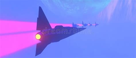 Fleet Of Alien Spacecraft Launching From A Massive Space Station Stock