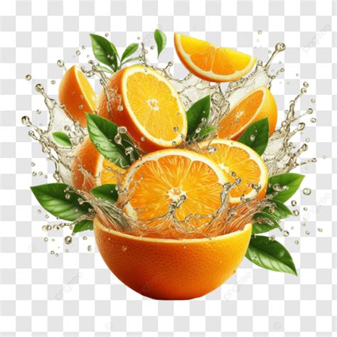 나뭇잎과 물 스플래시 투명한 배경을 가진 조각의 3d 오렌지 조각 나뭇잎과 물이 튀는 오렌지 조각에 3d 오렌지 조각 투명한 배경 물 튀김 Png 일러스트 및 이미지