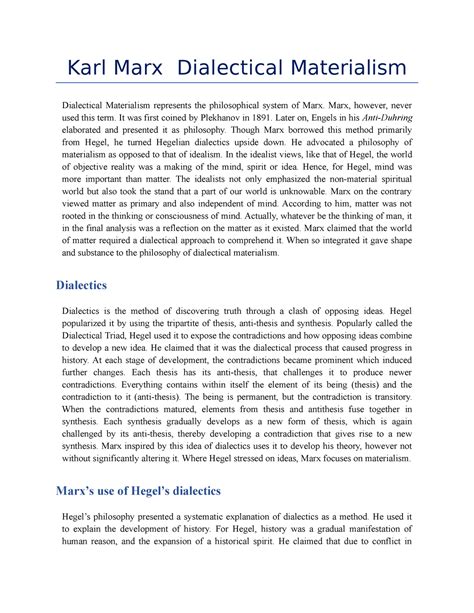 Karl Marx Dialectical Materialism Karl Marx Dialectical Materialism