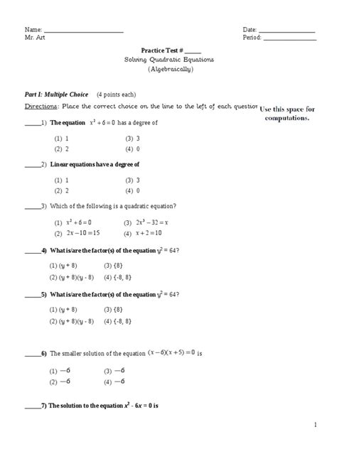 Quadratic Equations Practice Test Equations Abstract Algebra