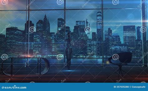 artificial intelligence robot in a modern office 3d render stock footage video of evening