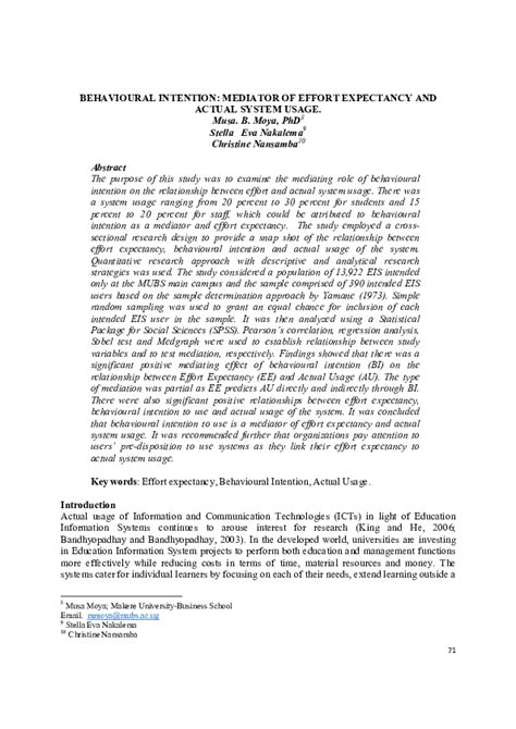 Pdf Behavioural Intention Mediator Of Effort Expectancy And Actual System Usage