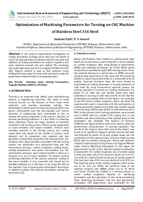 Pdf Irjet Optimization Of Machining Parameters For Turning On Cnc