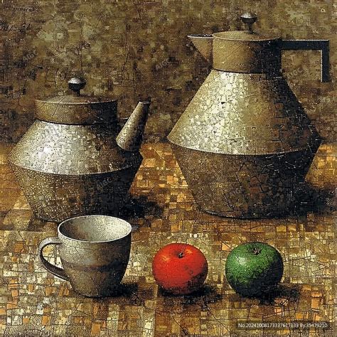 Ai创作图静物 油画 绘画 艺术 创作 艺术品 画作 茶壶 杯子 苹果 红苹果 绿苹果 色调 光影 构图 质感 写实 静谧 美好 生活 日常 精致 细节 美学 艺术欣赏 艺术分享 艺术鉴赏
