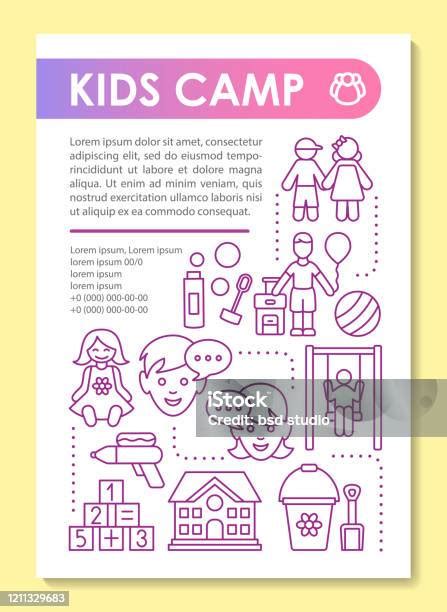 어린이 어린이 여름 캠프 브로셔 템플릿 레이아웃 전단지 소책자 선형 그림이있는 전단지 인쇄 디자인 잡지 연례 보고서 광고 포스터에 대한 벡터 페이지 레이아웃 A4 용지에