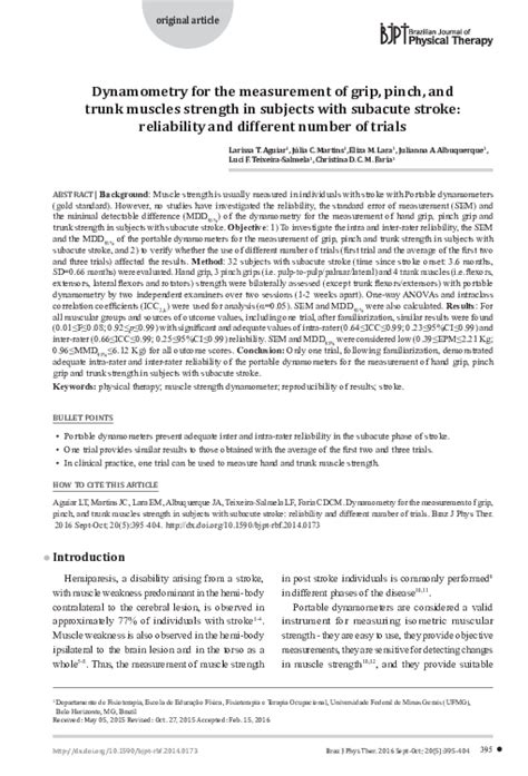 Pdf Dynamometry For The Measurement Of Grip Pinch And Trunk Muscles Strength In Subjects