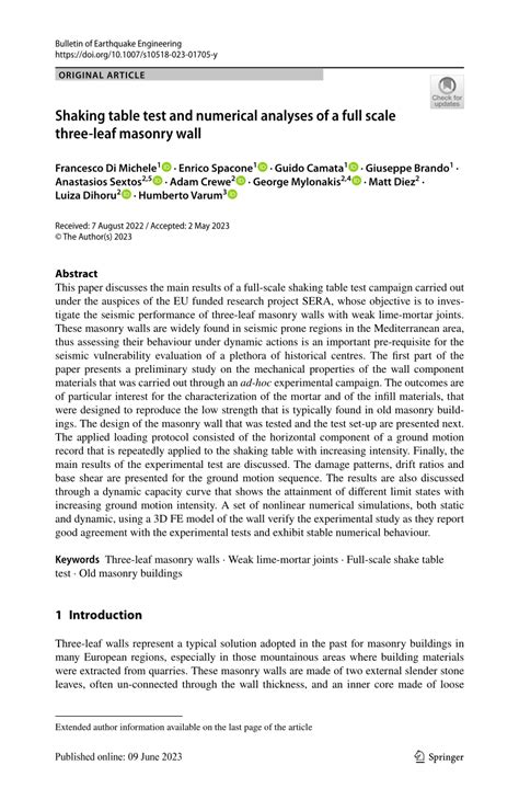 Pdf Shaking Table Test And Numerical Analyses Of A Full Scale Three Leaf Masonry Wall
