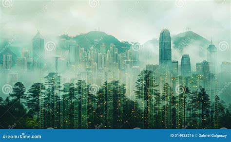 Double Exposure Cityscape With Green Forest Vegetation Overlay Stock