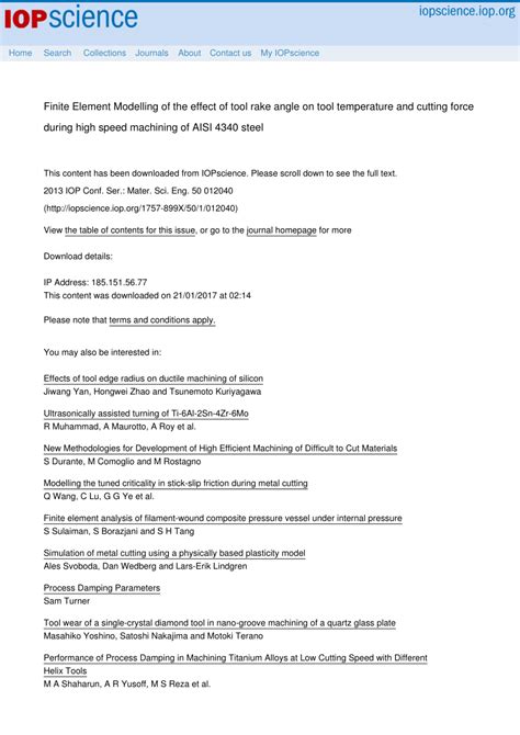 Pdf Finite Element Modeling Of The Effect Of Tool Rake Angle On Cutting Force And Tool