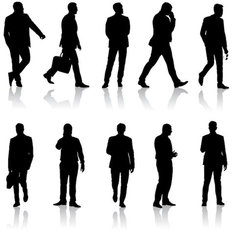 흰색 배경에 검정 실루엣 남자 서 있는 사람 설정 프리미엄 벡터