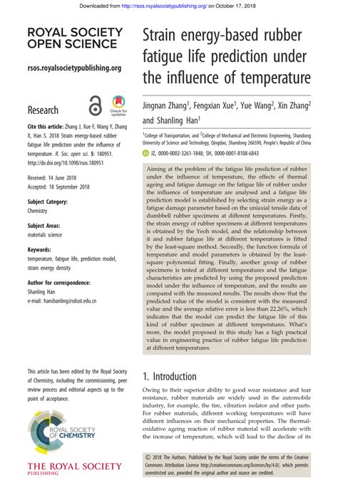 Pdf Strain Energy Based Rubber Fatigue Life Prediction Under The Influence Of Temperature